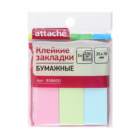 Закладки клейкие бумага, 25*76 мм, 3 цвета, 100 листов, пастель Attache ...